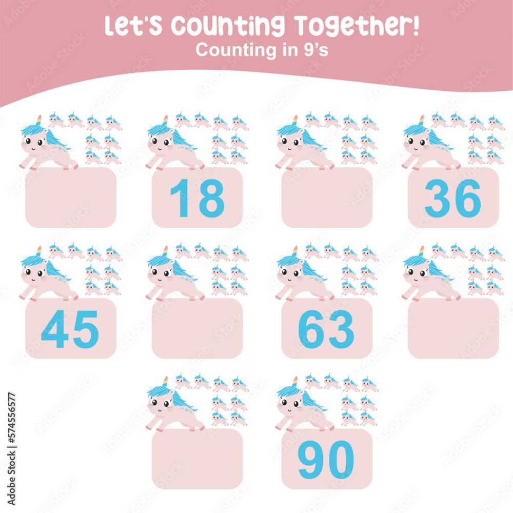Counting by nine's the kawaii unicorn practising math in multiple of 9s ...