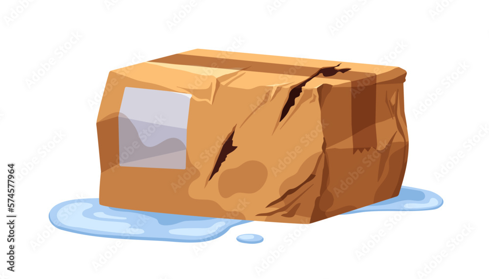 Damaged wet cardboard box, wrinkled parcel. Soaked package, violation ...