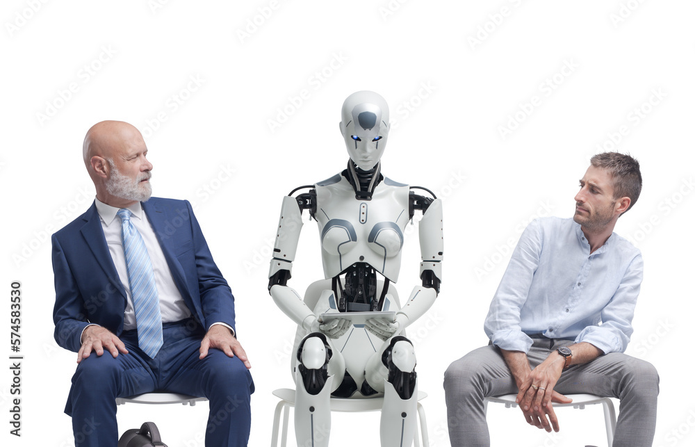 Job applicants staring at the robot candidate and waiting for the job ...