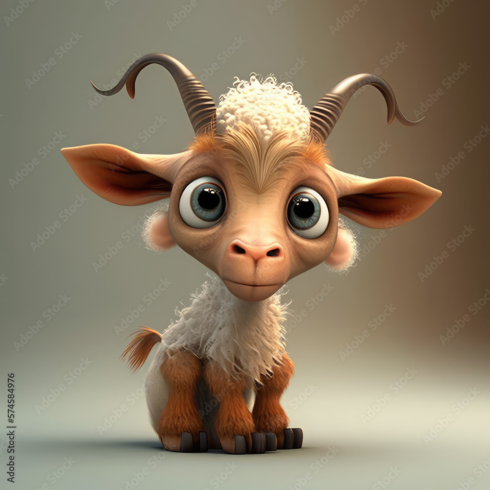 Cute fantasy baby goat 3d character. Cartoon goat with big eyes. 3d ...