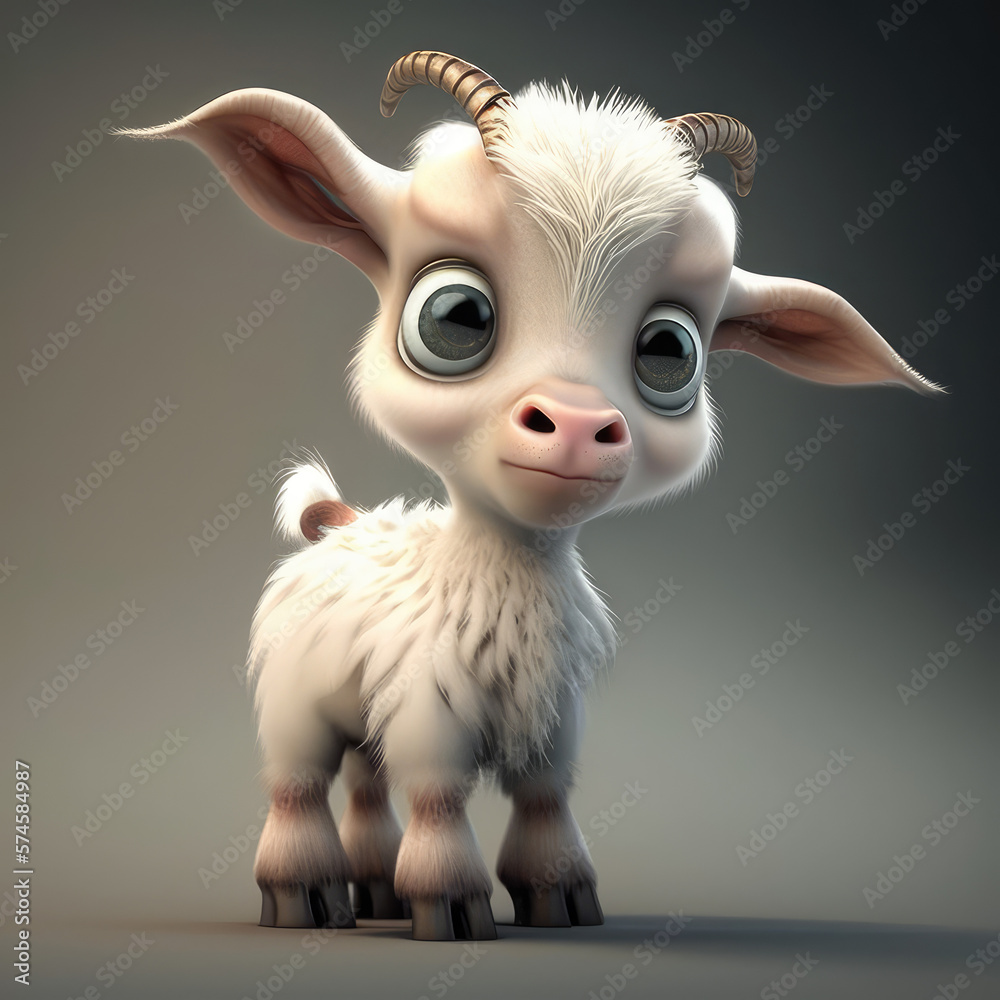 Cute white baby goat 3d character. Cartoon goat with big eyes. 3d ...