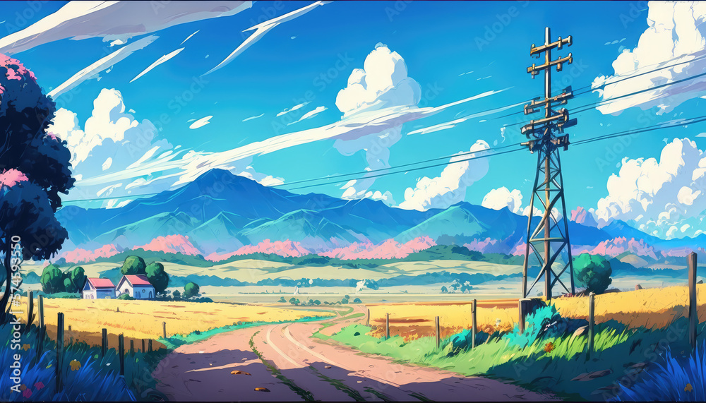 ภาพประกอบ Stock Vibrant Anime Countryside - A stunning and vibrant ...
