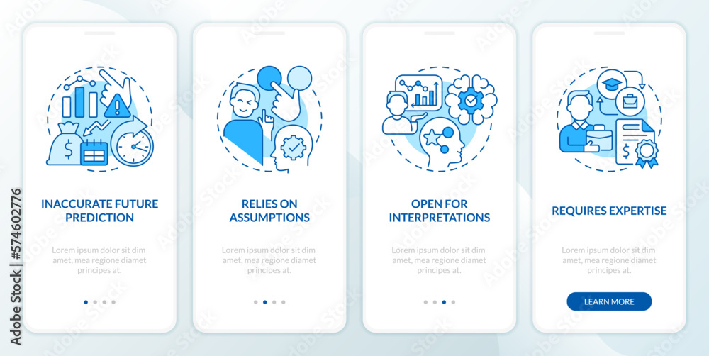 Economic Indicators Disadvantages Blue Onboarding Mobile App Screen Walkthrough 4 Steps