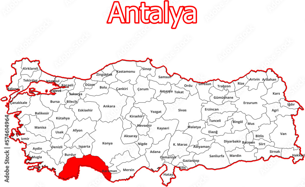 Vektorkarte der Türkei - mit Landkreiskarte des Districts Antalya Stock ...