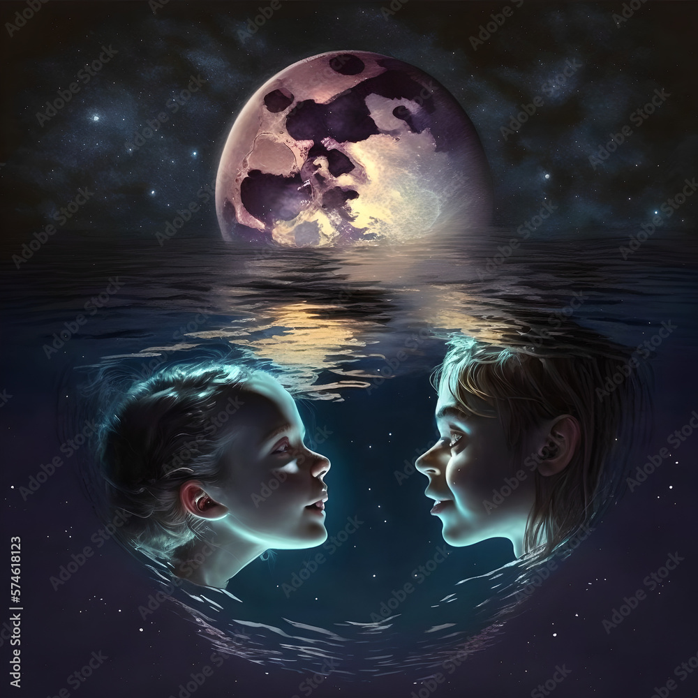 Fantasy dream, two children swimming in spcace near and at the moon ...