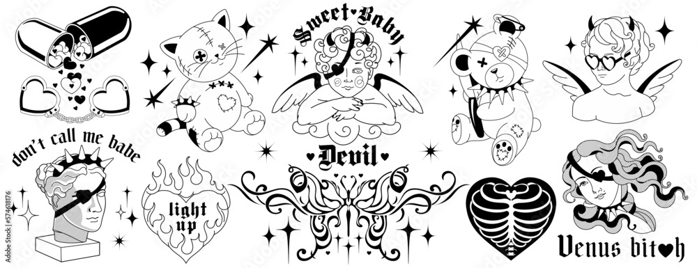 Y2k Tattoo art 90s, 00's silhouettes.Angel, baby demon, heart shaped ...