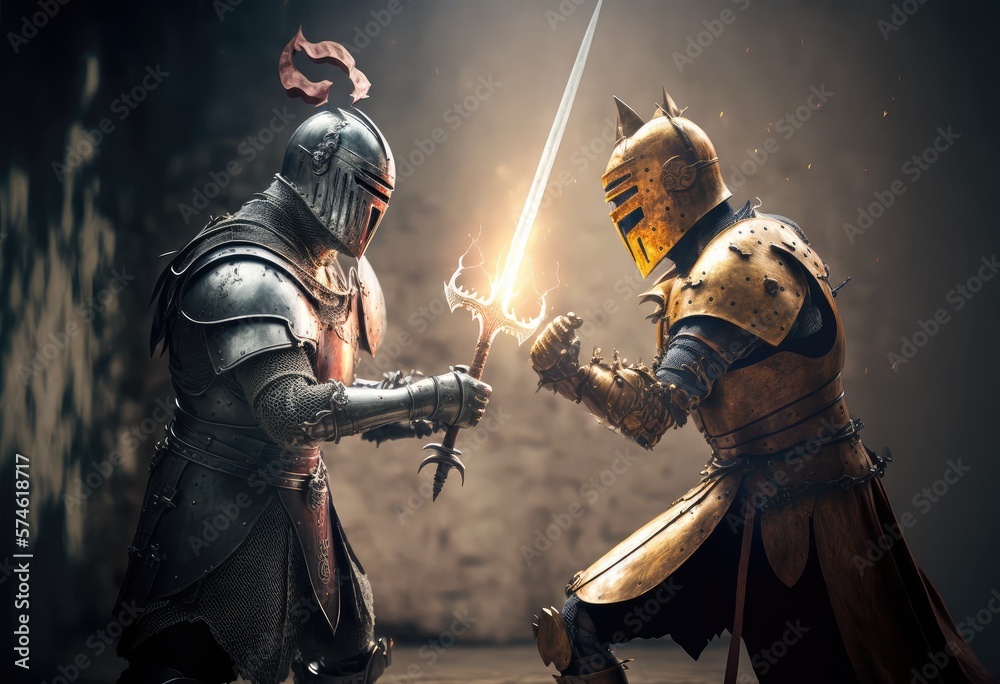 Fighting Knights, Medieval Warrior Duel, Dramatic Knight Battle Drawing ...