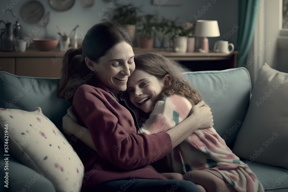 Two sisters or a mother and daughter hug each other closely with much ...