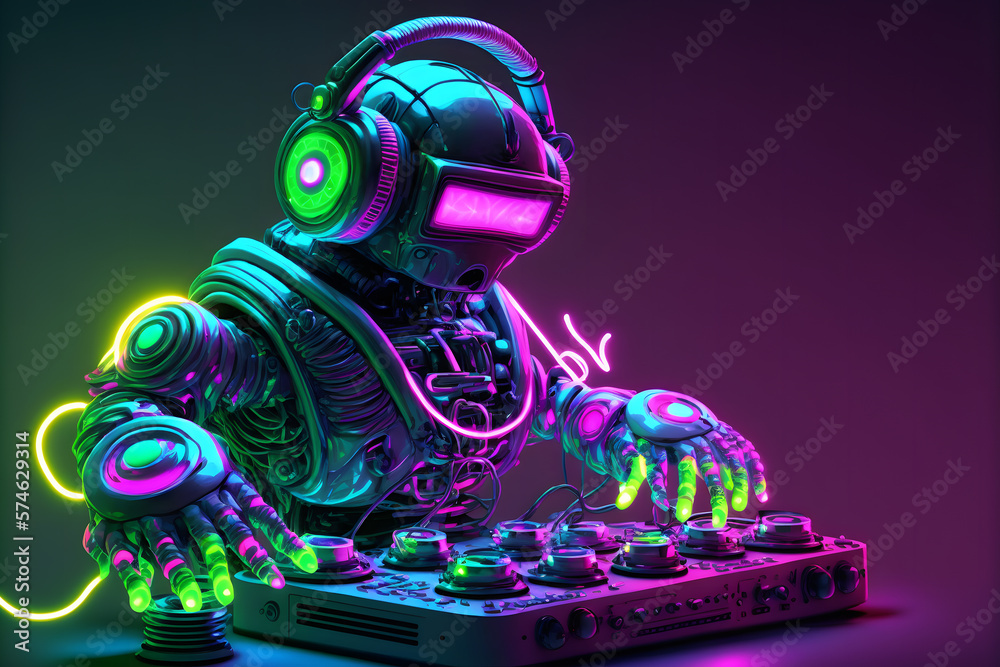 Robot disc jockey at the dj mixer and turntable plays nightclub during ...