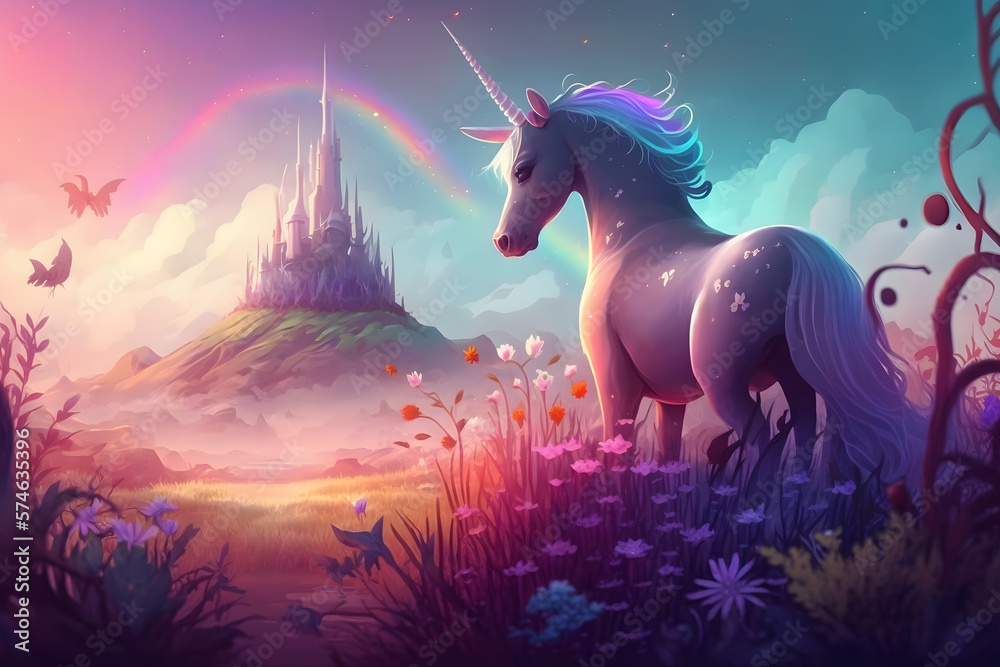 Magic unicorn in fantastic world with fluffy clouds and fairy meadows. Neural network AI ...