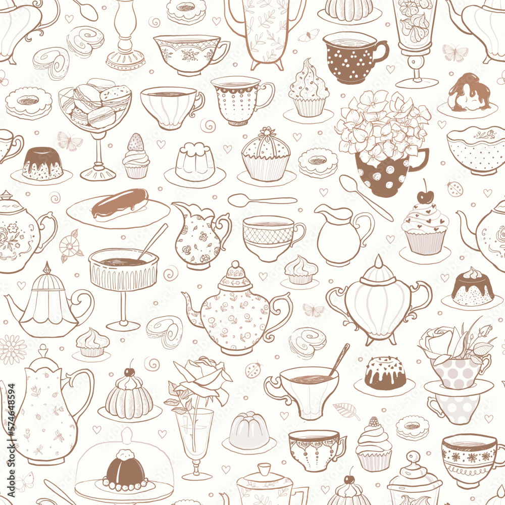 Seamless pattern with tea party in English style. Tea cups, teapots ...
