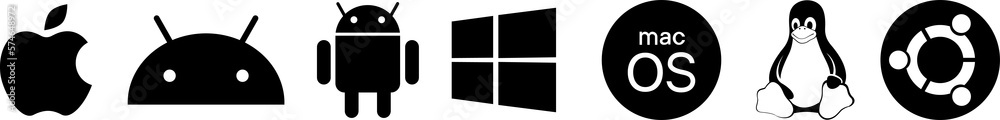 OS logo set : Windows, Mac OS, Android, Apple IOS, Linux. Logos on ...