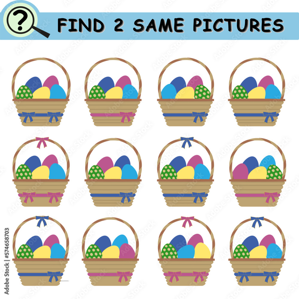 Find same pictures with easter eggs and baskets. Educational logical ...