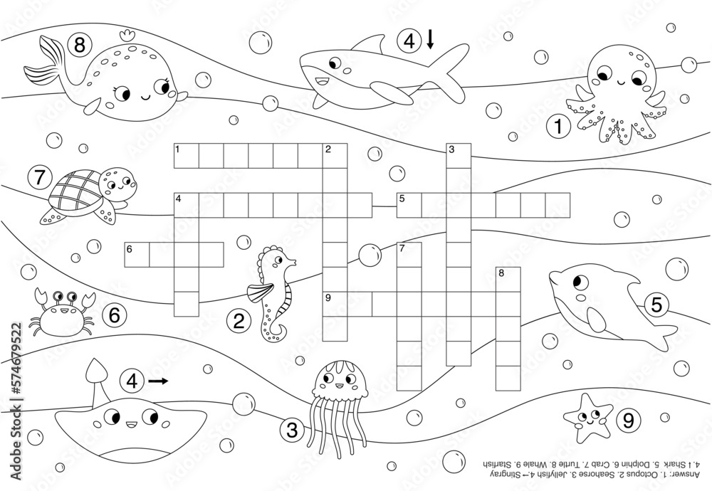 Sea and ocean animals crossword. Coloring page. Educational puzzle game ...
