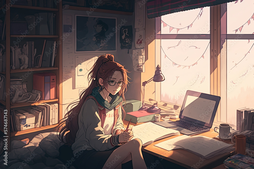 cute anime girl studying in her room, cozy, chill, lofi vibes ...