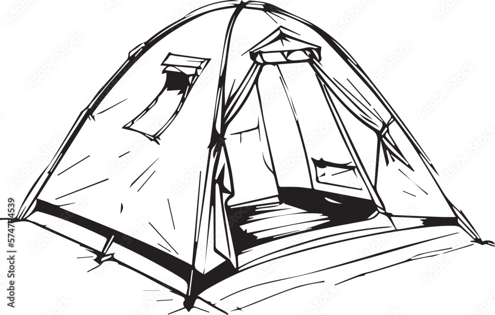 Illustration of a prefabricated modern tent in black and white 2D form ...
