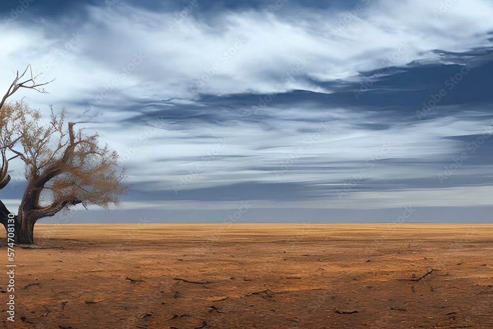 Barren Landscape Fith Crached Dried Soil, Abandoned Farm And Dead Tree ...