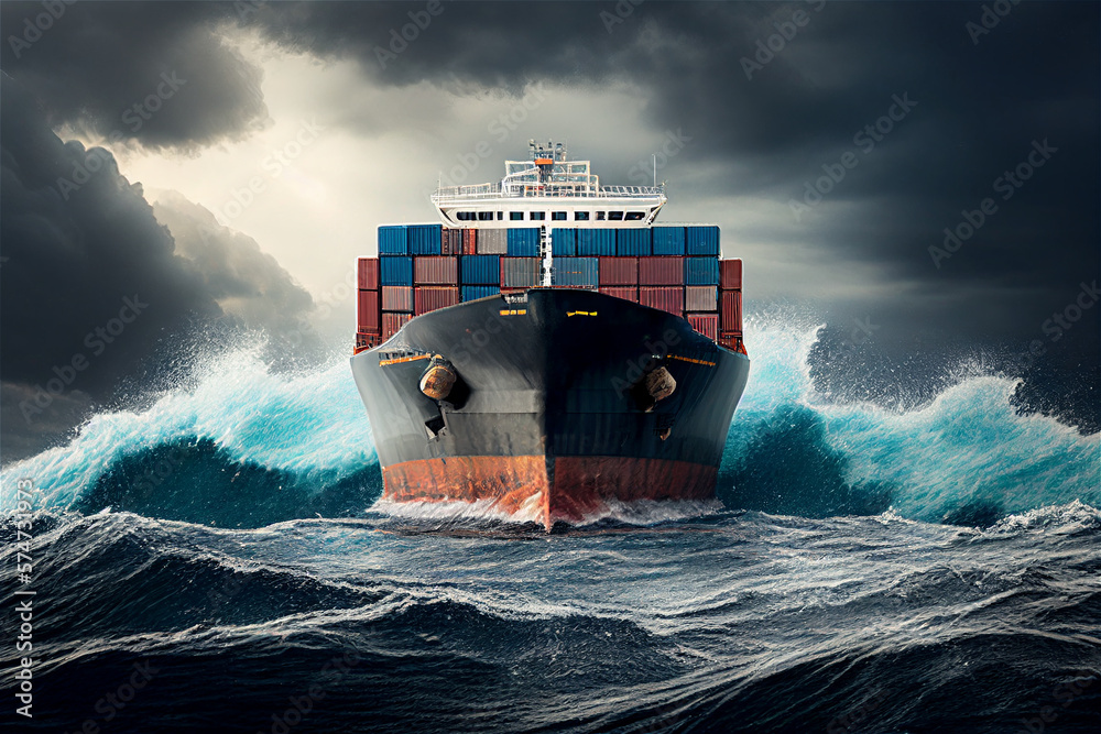 Ilustración de Stock Cargo Container ship at the ocean storm and waves ...