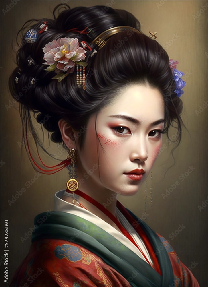 Portrait of a beautiful Japanese woman in traditional costume, timeless ...