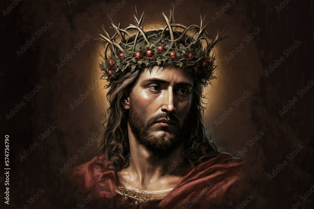 Jesus Christ with crown of thorns front view on black background. Face ...