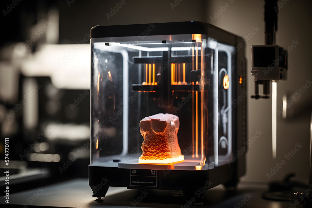 3D printer printing edible meat steak. Innovation Food industry ...