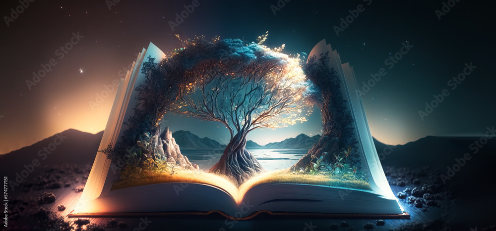 Open fairy tail book fantasy image of tree of life rising from the open ...