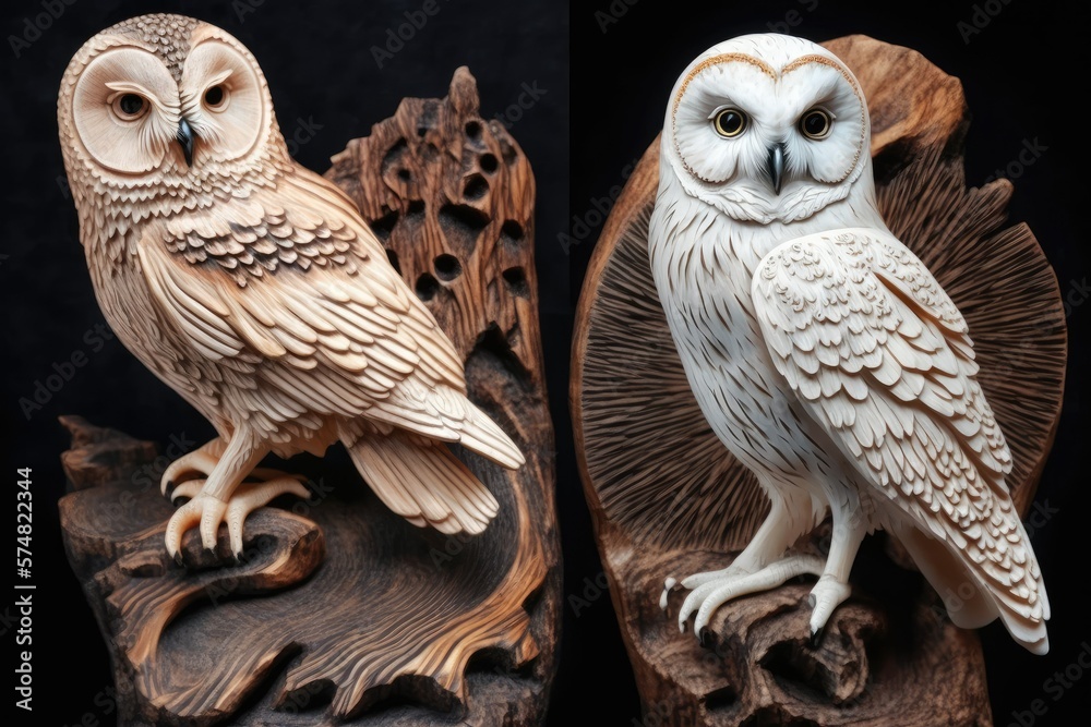 Hand carved wooden Strigiformes (owl) species. duplicate space ...