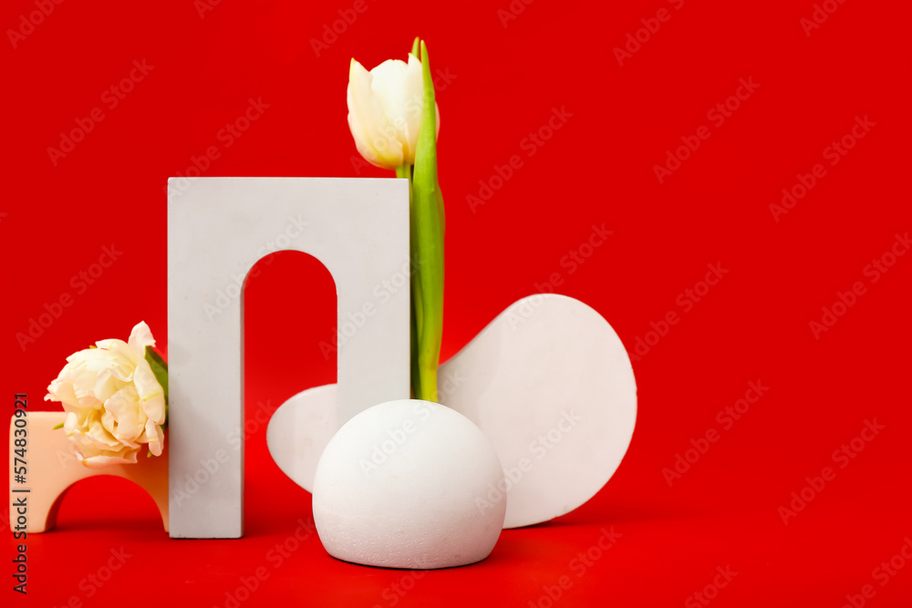 Podiums with white tulips on red background. Hello spring Stock Photo ...