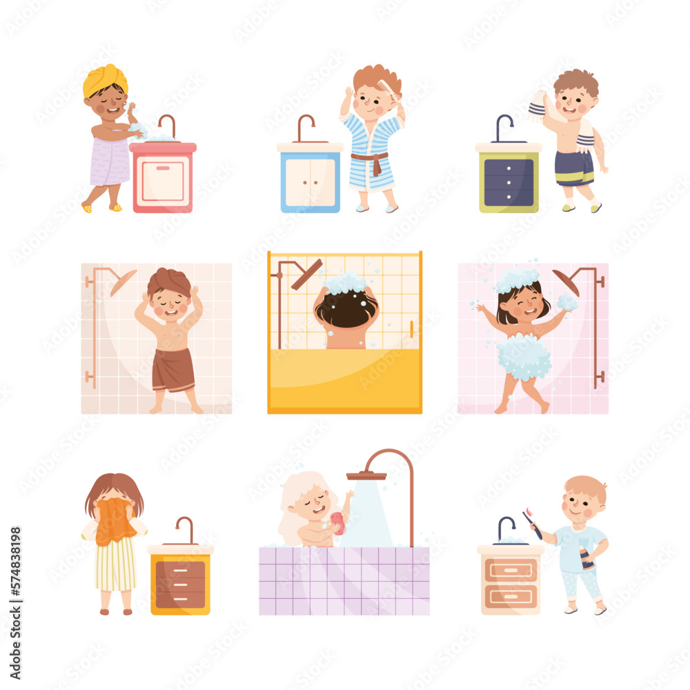 Cute happy little boys and girls doing everyday hygiene activities set ...