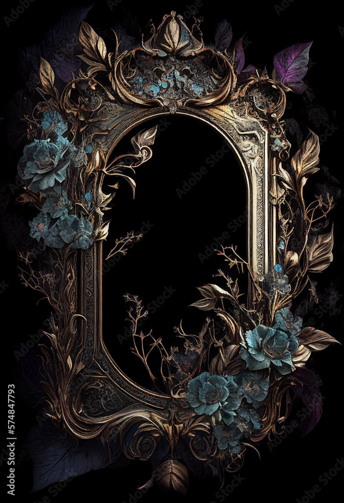 Guilded frame with dark gothic florals and botanicals, matte gold ...