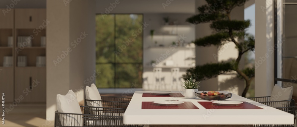 Side view of modern dining room with dining table with beautiful table ...