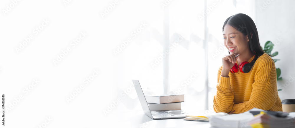 Young chinese asian student learning online classroom with professor on ...