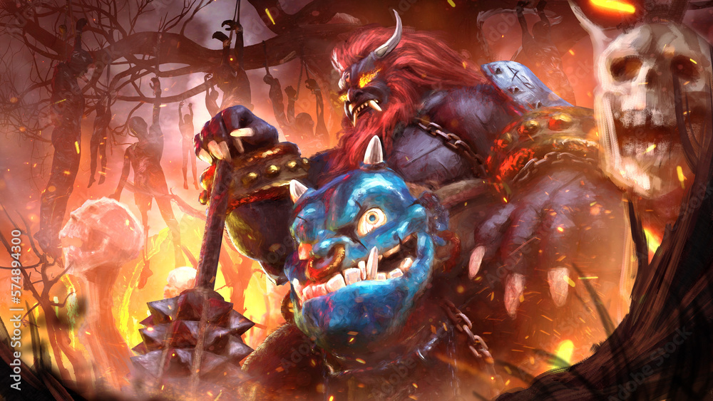 A healthy fat demon tengu with a fanged horned muzzle and a huge ugly ...