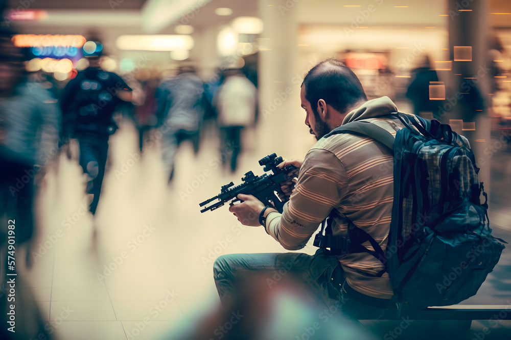 Man with a machine gun firearm in a shopping mall with many people ...