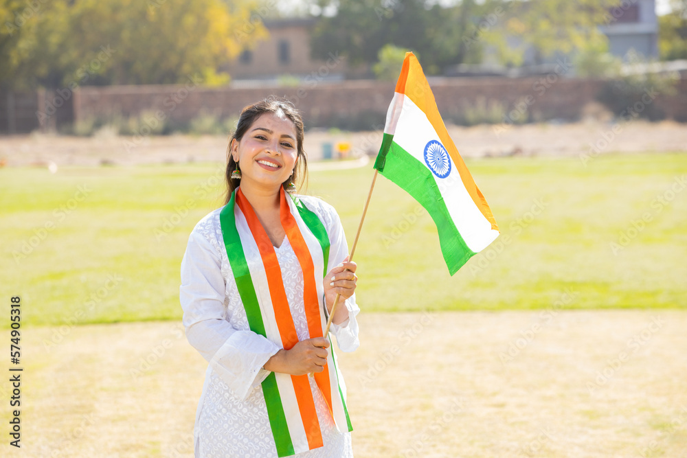 Young Beautiful Woman Wearing Traditional White Dress Holding Indian