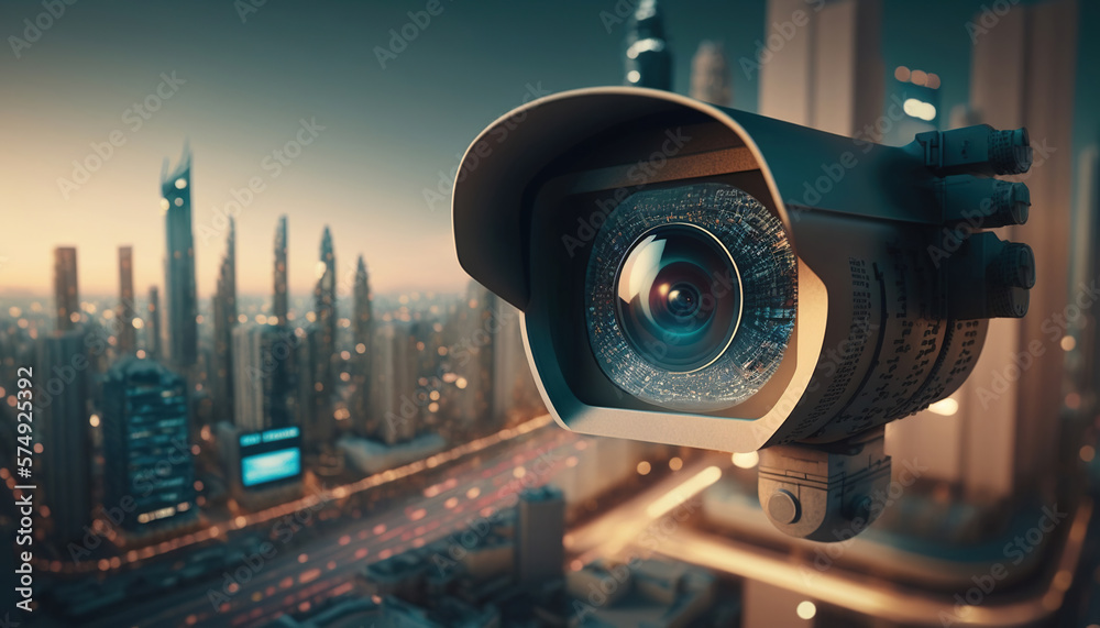 Modern CCTV camera over cityscape background with double exposure of ...