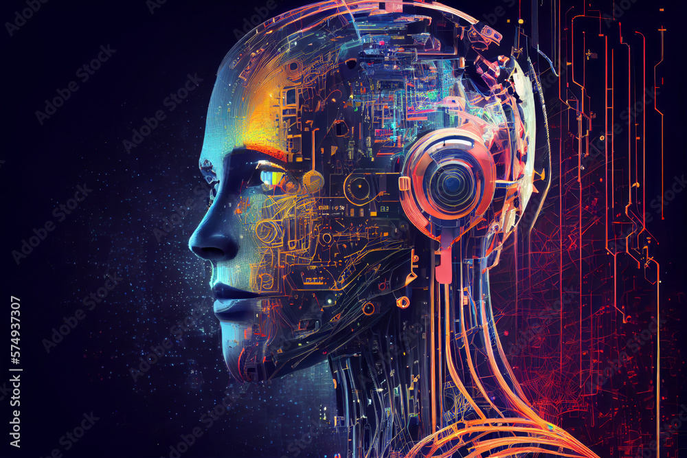 ภาพถ่าย Stock Side view of a humanoid head with blue and yellow eyes ...