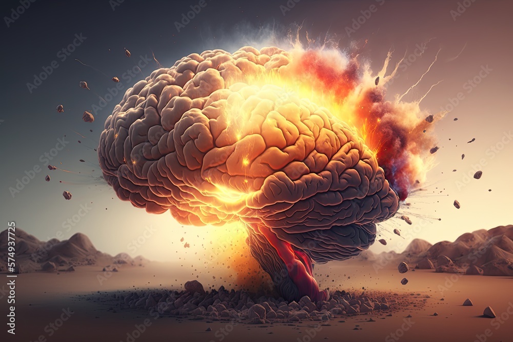 3D illustration of human brain with epic mind blowing thought explosion ...