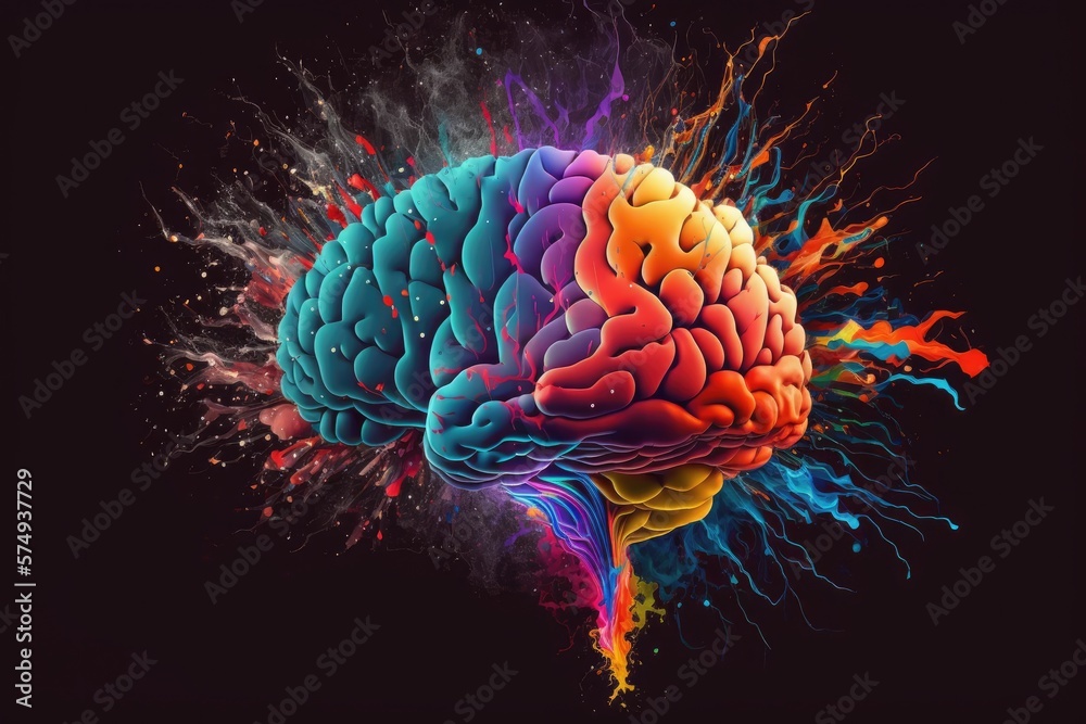Colorful illustration of human brain with epic mind blowing thought ...
