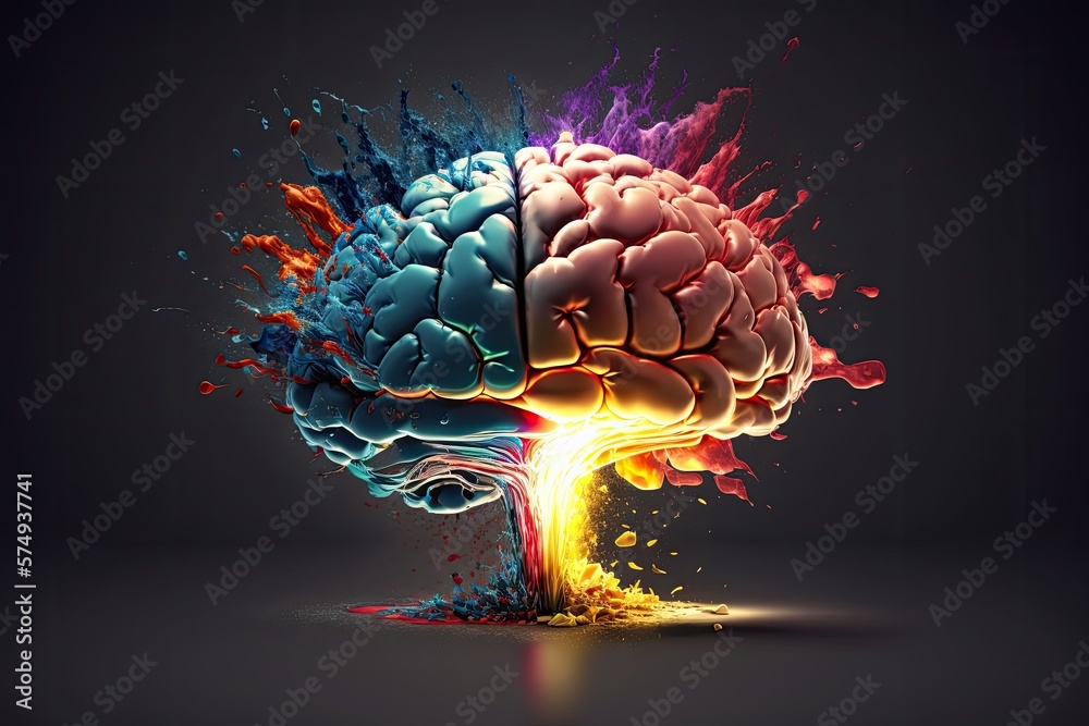 Colorful illustration of human brain with epic mind blowing thought explosion on the black ...