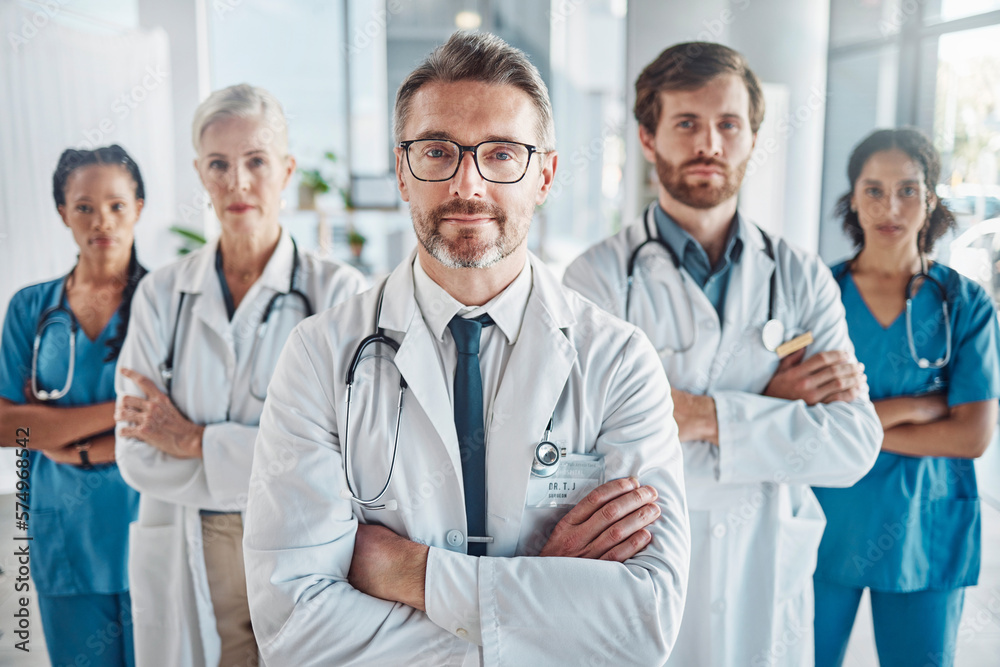 Healthcare, leadership and team portrait of doctor and nurses in ...