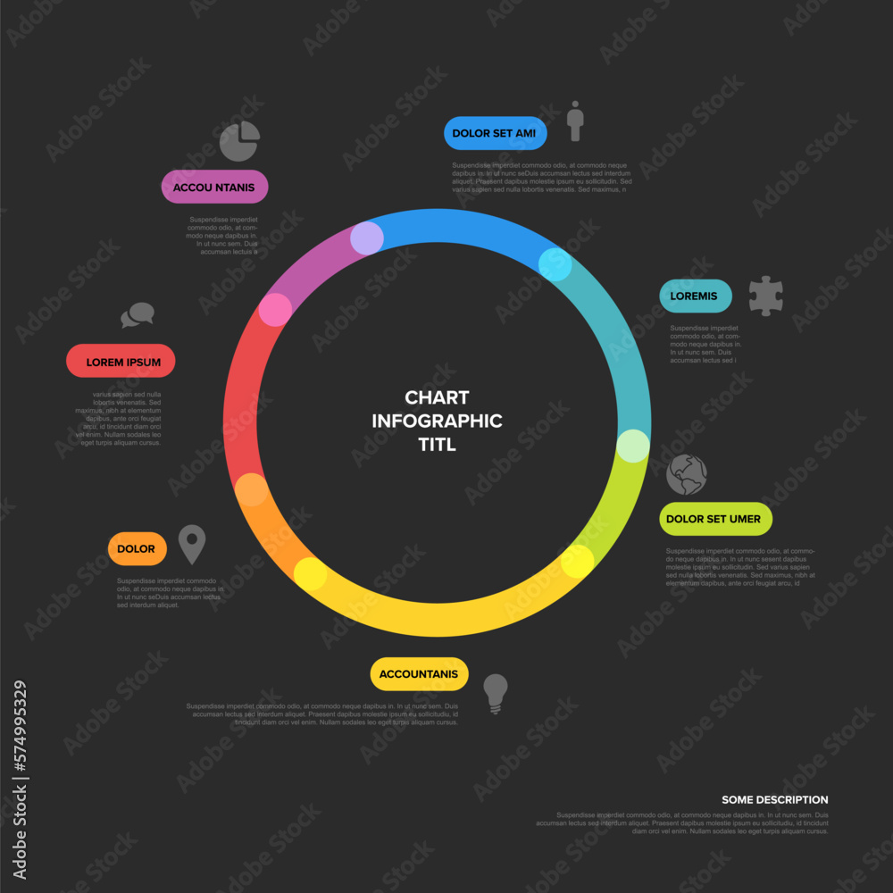 Seven blocks pie chart dark multipurpose infographic template Stock ...