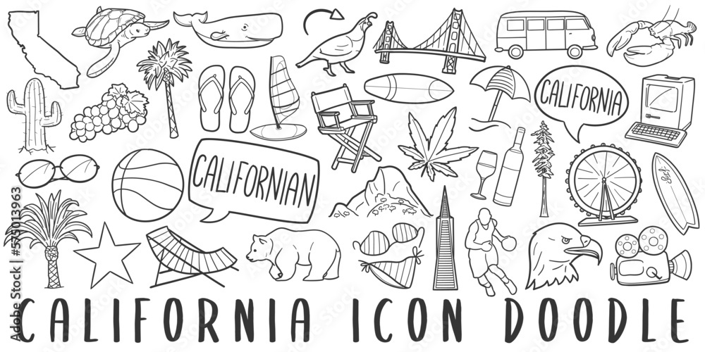California, USA Doodle Icons. Hand Made Line Art. Californian Icon ...