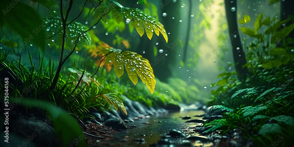 Rain falls in the forest. Shot from below on trees and leaves ...