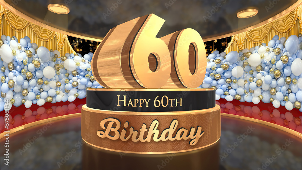 60th Birthday backdrop, poster, flyer 3d render illustration in gold ...