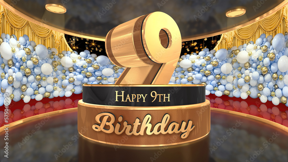 9th Birthday backdrop, poster, flyer 3d render illustration in gold ...