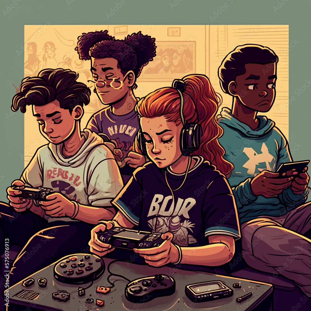 multi ethnic and multi-racial group of friends playing video games, AI ...