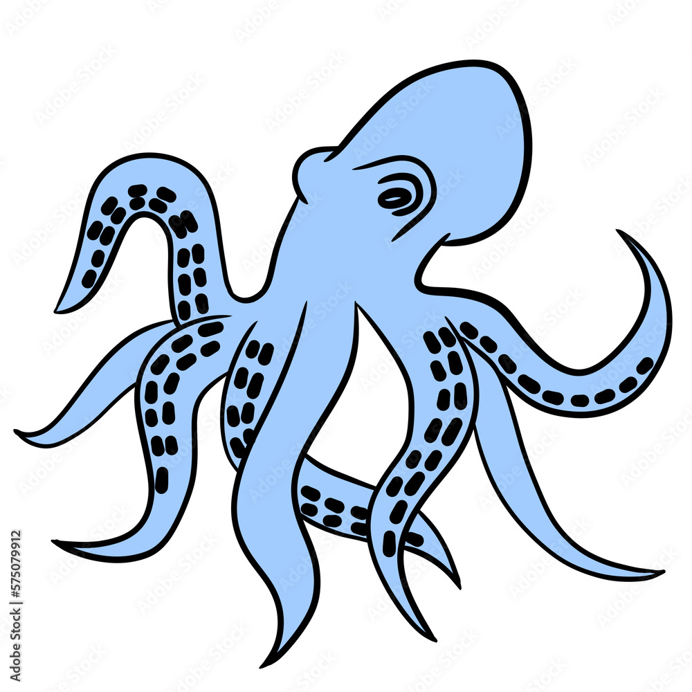 Hand drawn illustration of sea ocean blue octopus with tentacles ...