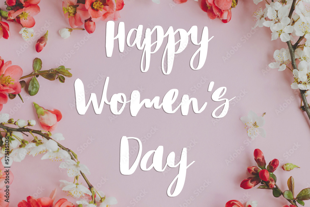 Happy womens day greeting card. Happy womens day text and stylish spring flowers composition on ...