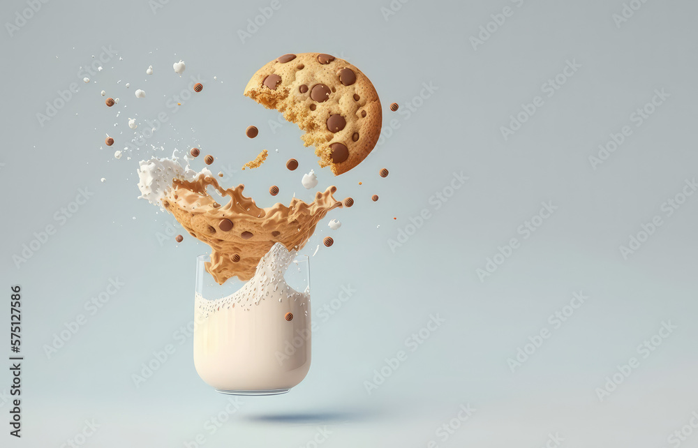 Chocolate chip cookies falling. Splashing milk and chocolate drops ...